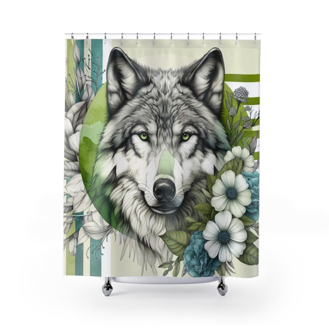 Wolf Shower Curtain Wolf Watercolor Picture Floral Bath Curtain Wolf ...