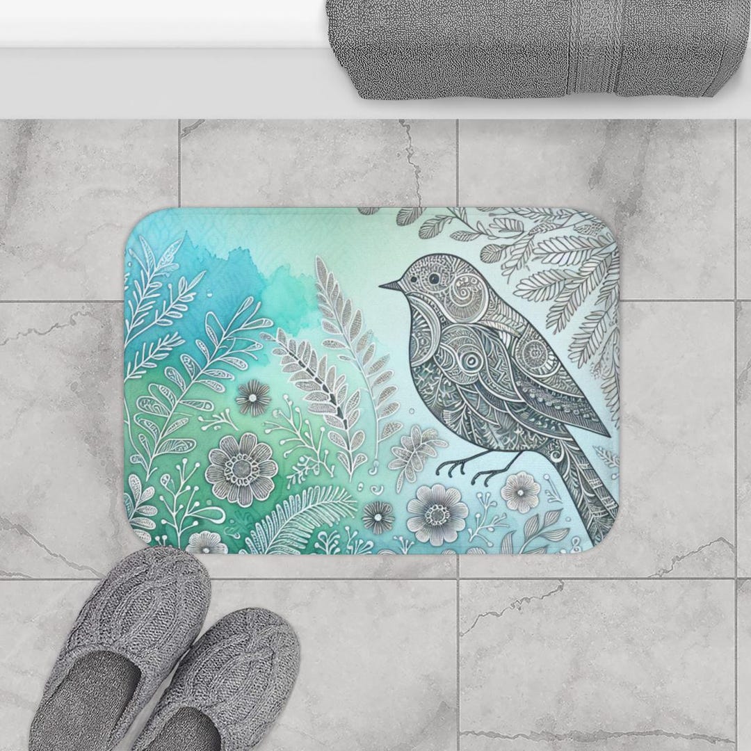 Floral Bird Bath Mat: Blue Green Island Luxe Microfiber,rv Camper Rugs ...