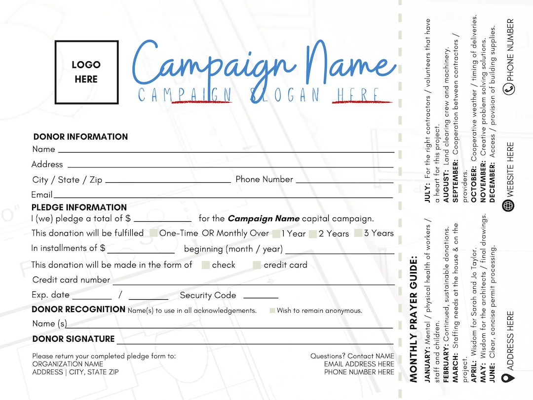 Donation Pledge Card, 8x6 W/ a 2x6 Tear off Bookmark, Canva Template ...