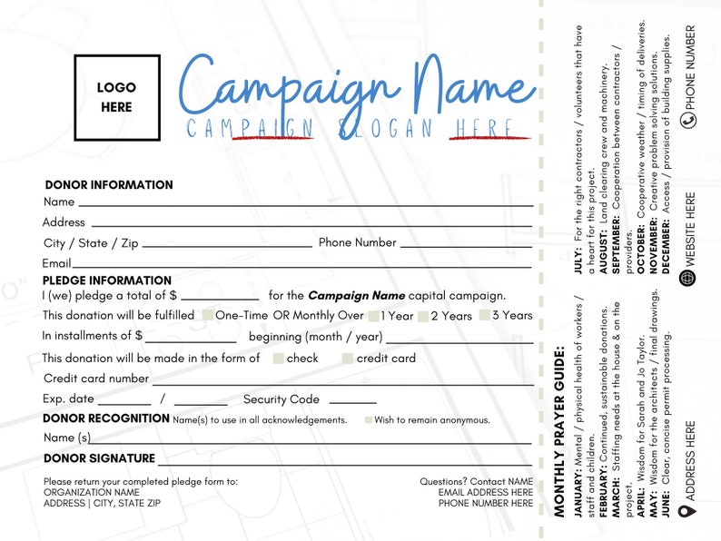 Donation Pledge Card, 8x6 W/ a 2x6 Tear off Bookmark, Canva Template ...