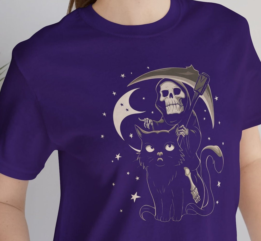 Grim Reaper Riding Cat Tee, Gothic Cat Lover's T-shirt, Halloween ...