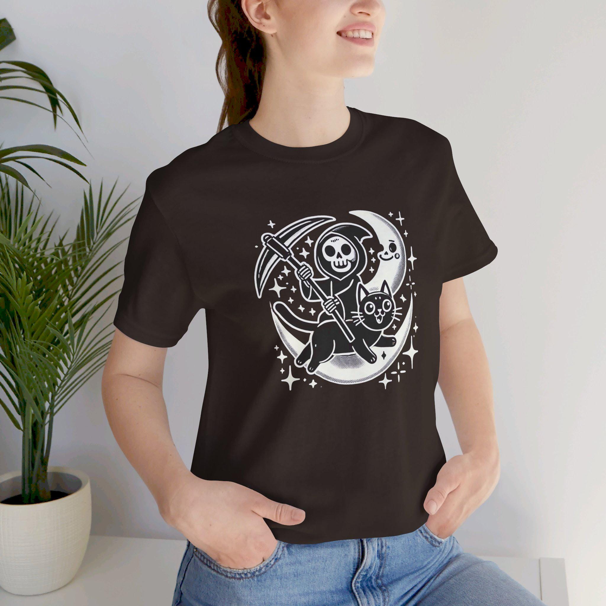 Grim Reaper Riding Cat Tee, Cute Gothic Graphic T-shirt, Halloween Cat ...