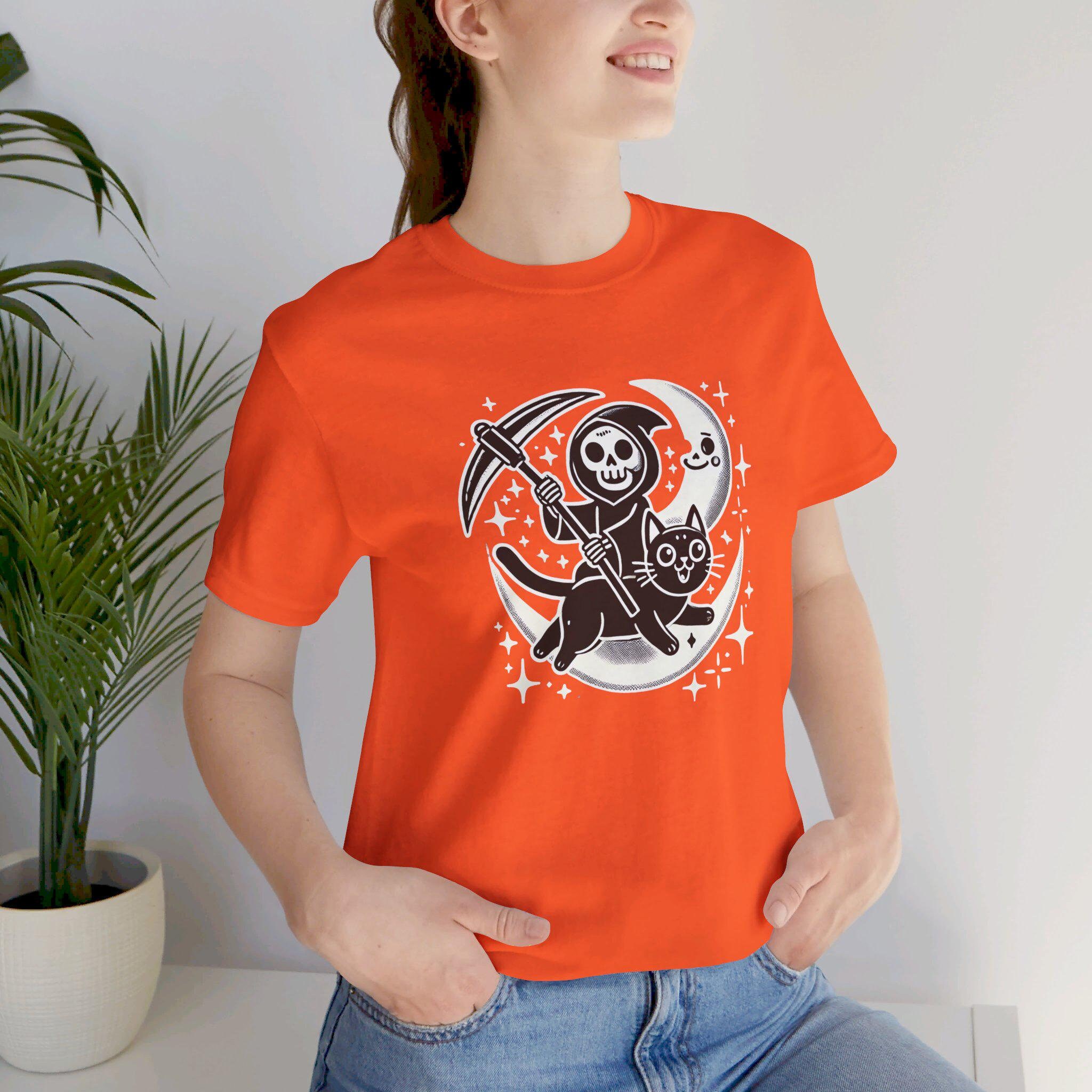 Grim Reaper Riding Cat Tee, Cute Gothic Graphic T-shirt, Halloween Cat ...