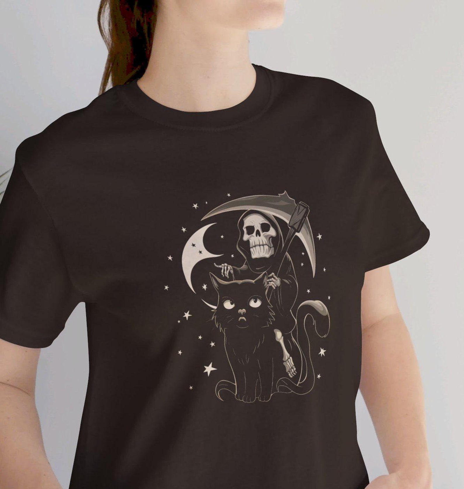 Grim Reaper Riding Cat Tee, Gothic Cat Lover's T-shirt, Halloween ...