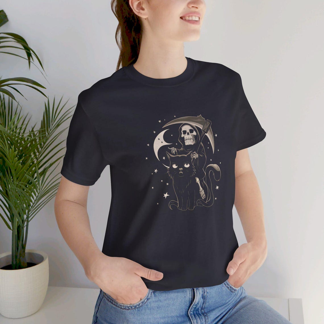 Grim Reaper Riding Cat Tee, Gothic Cat Lover's T-shirt, Halloween ...