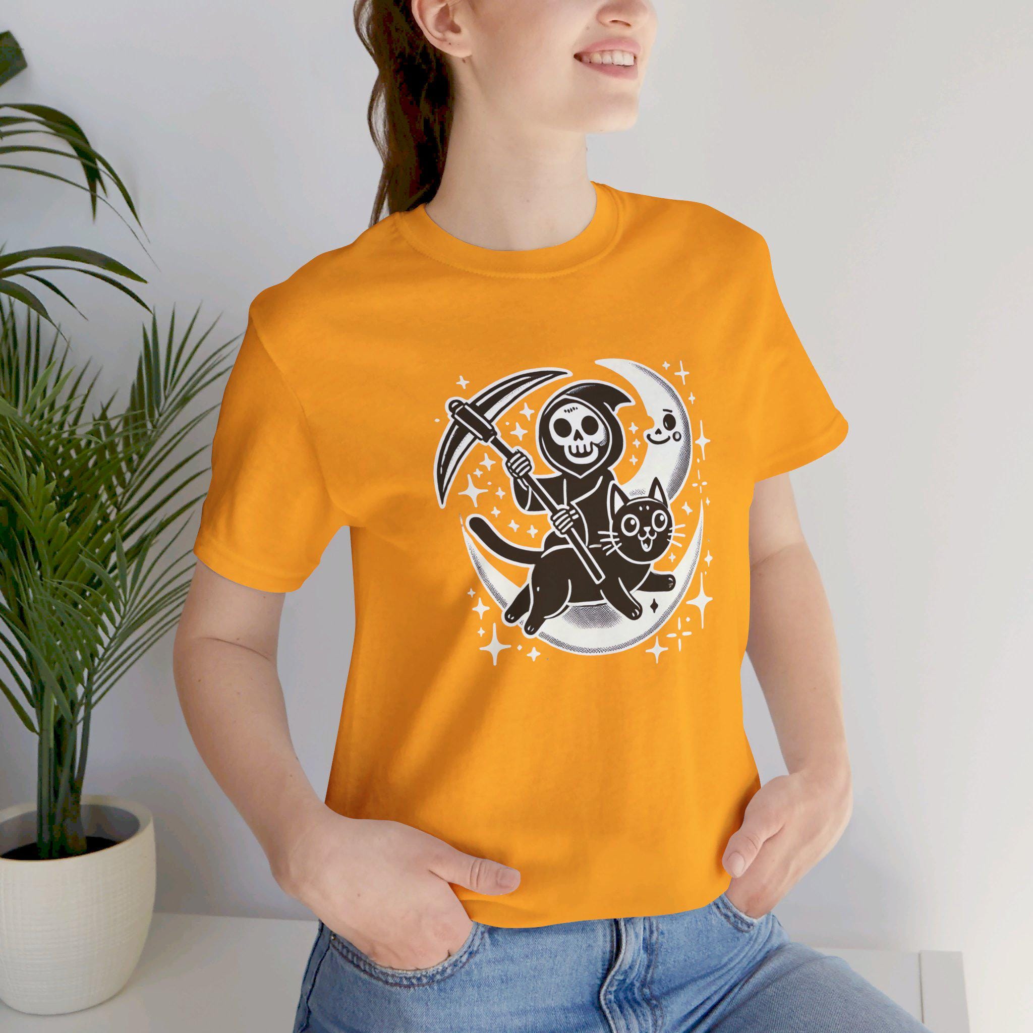Grim Reaper Riding Cat Tee, Cute Gothic Graphic T-shirt, Halloween Cat ...