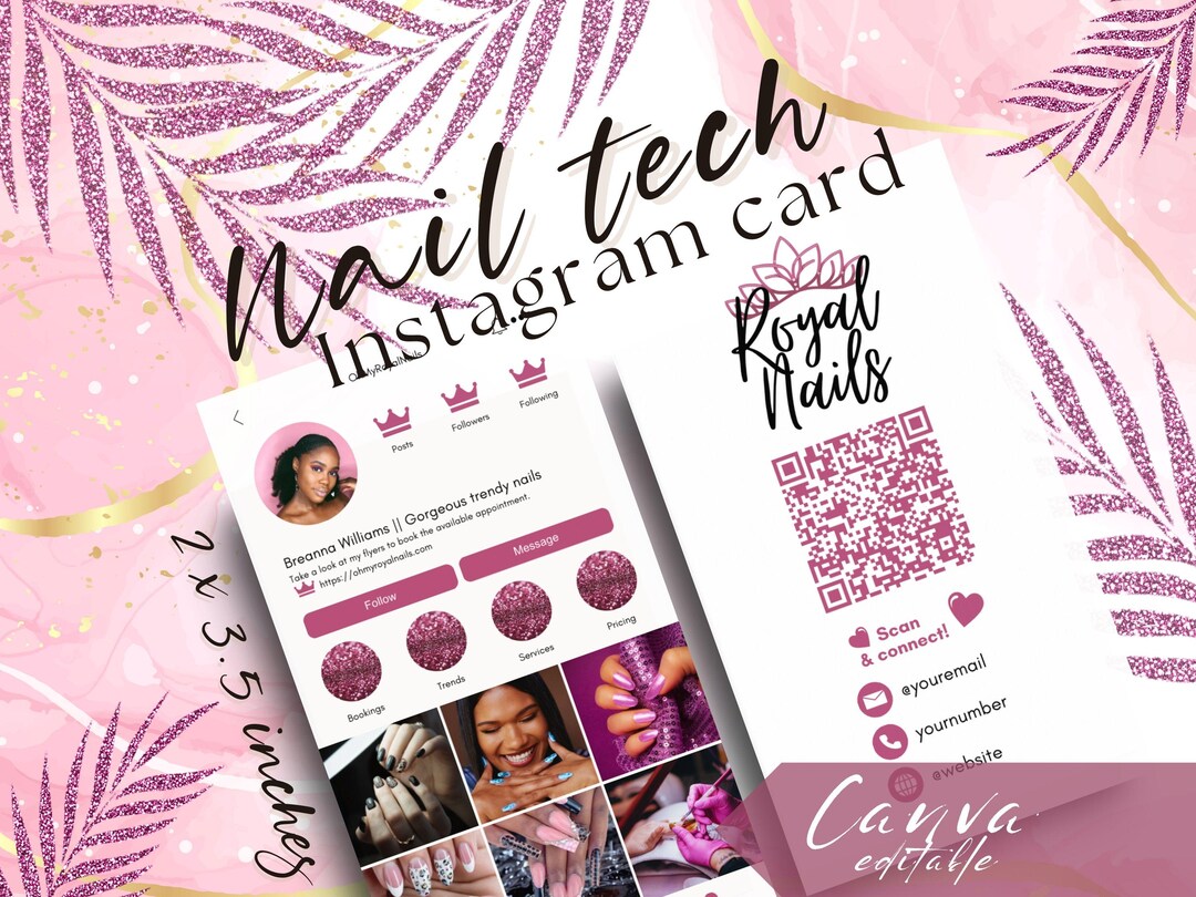 Instagram Nailtech Business Card, Nail Tech Canva Template, Pink DIY ...