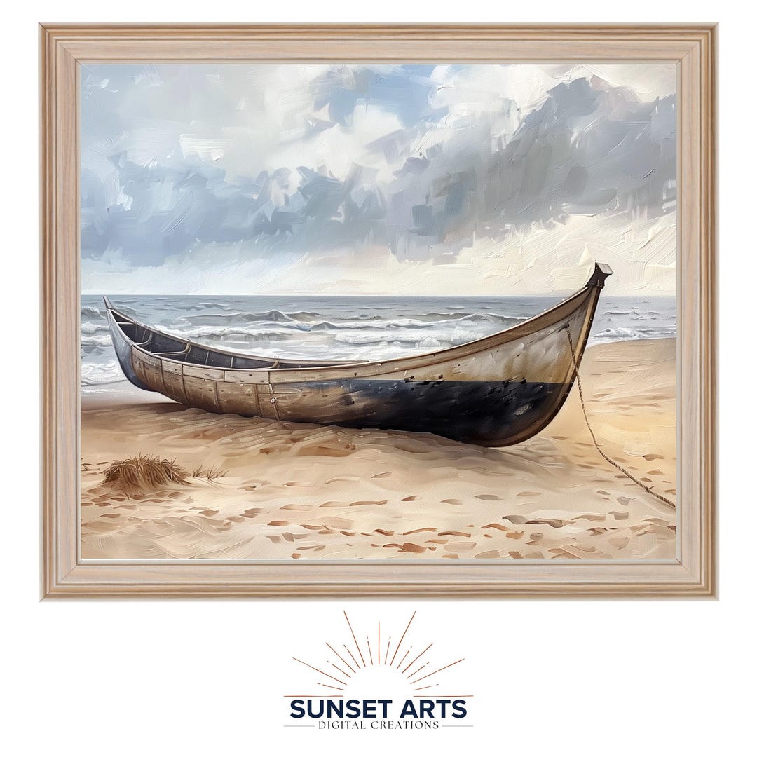 Canoe Resting On Beach Canoe Print Boat Art Digital Download Beach Art Coastal Art