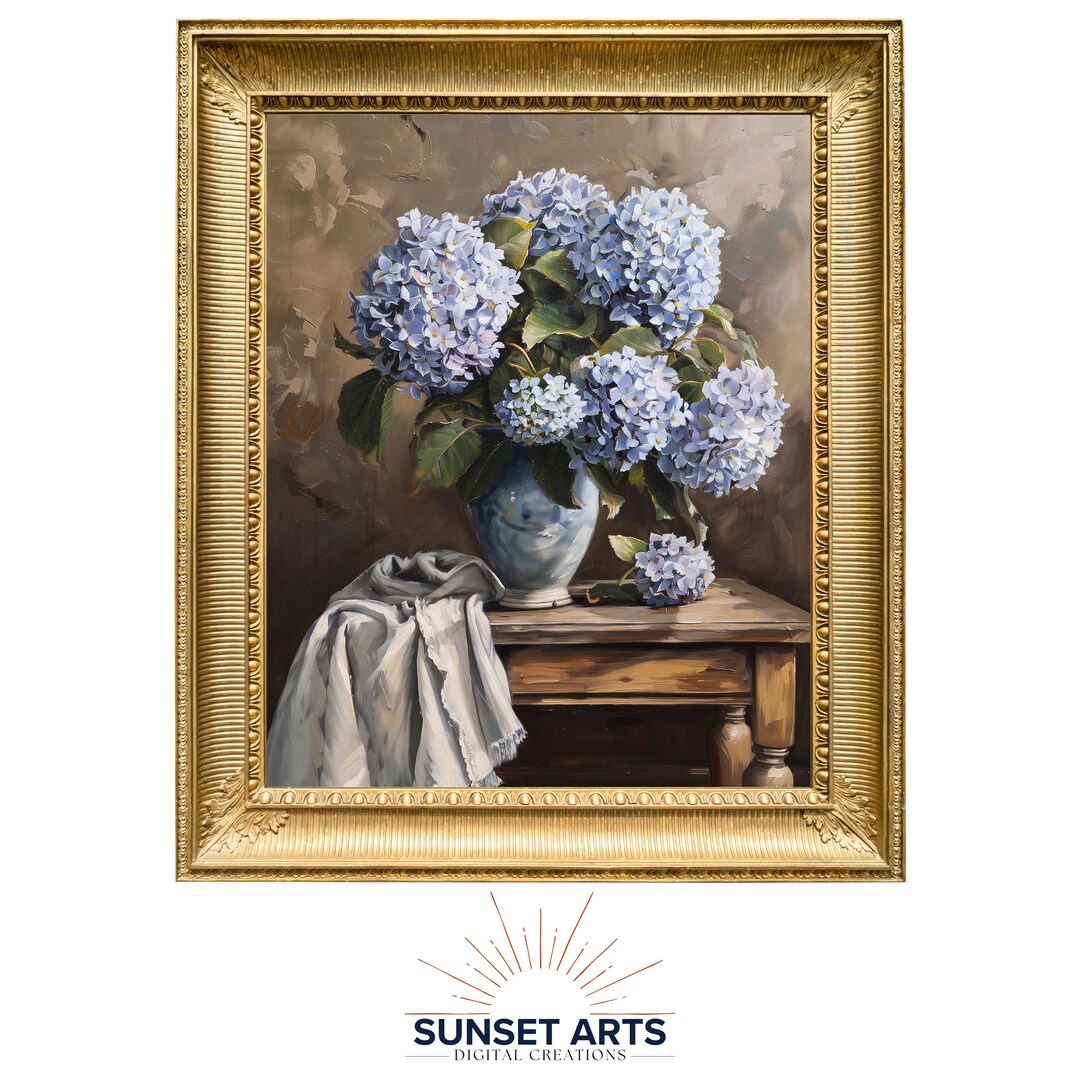 Blue Hydrangeas on Tablecloth | Flower Print, Digital Download ...