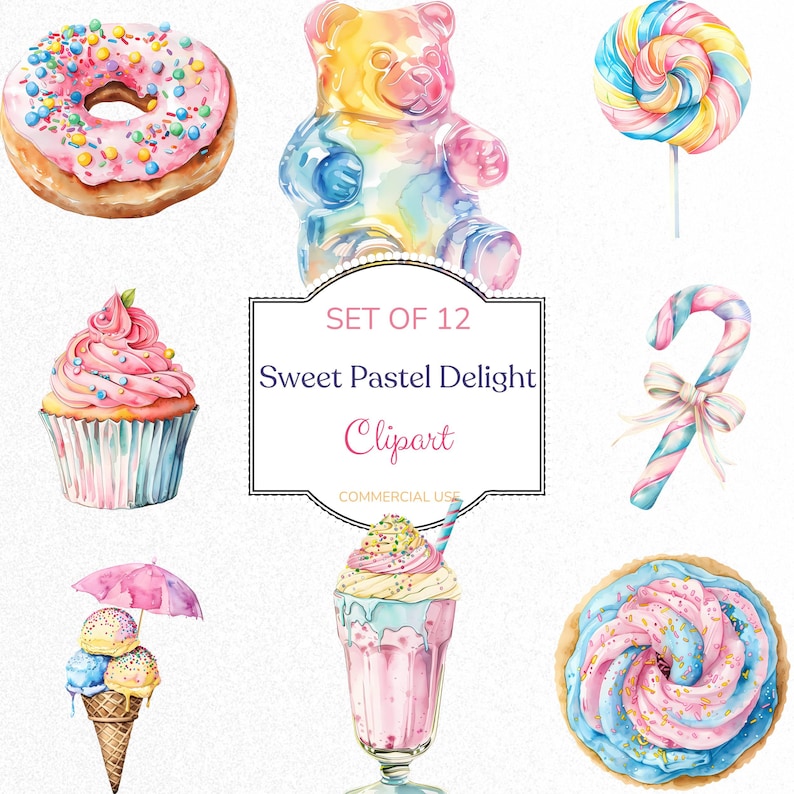 Watercolor Sweet Treats Clipart: Pastel Bakery PNG Set (digital ...