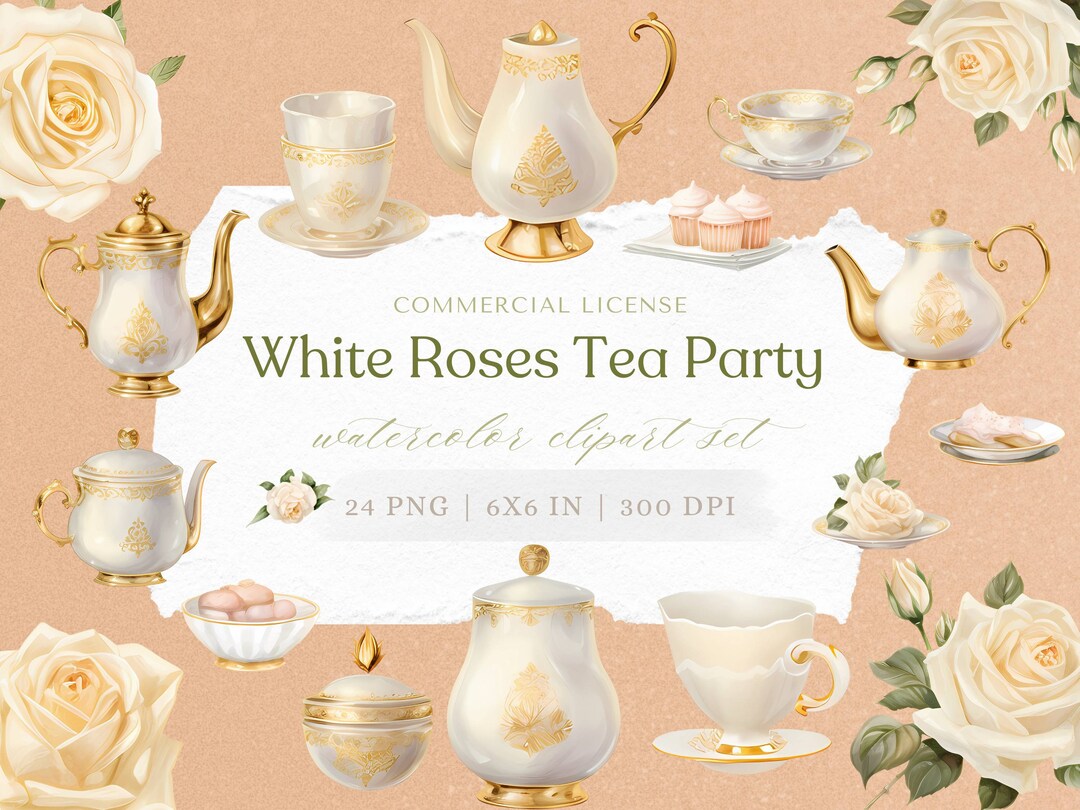 White Roses Tea Party Clipart Tea Party PNG White and Gold Roses Tea ...