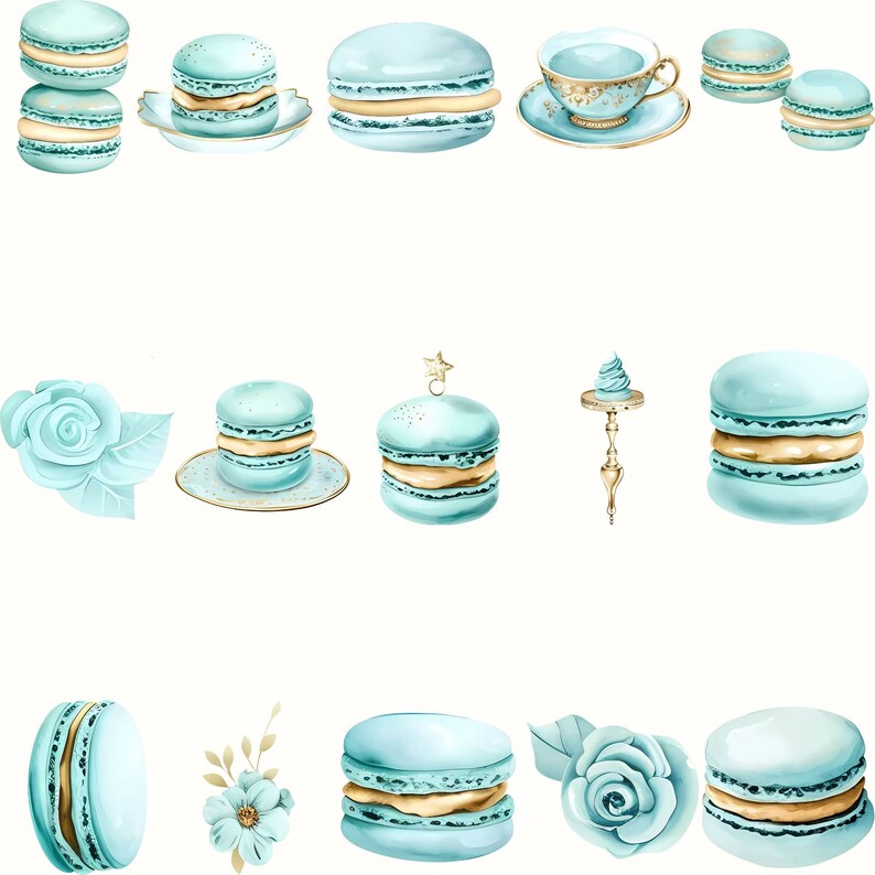 Macaron Tea Party Clipart, Blue Gold Tea PNG, Blue Macaron ...