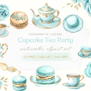 Macaron Tea Party Clipart, Blue Gold Tea PNG, Blue Macaron ...