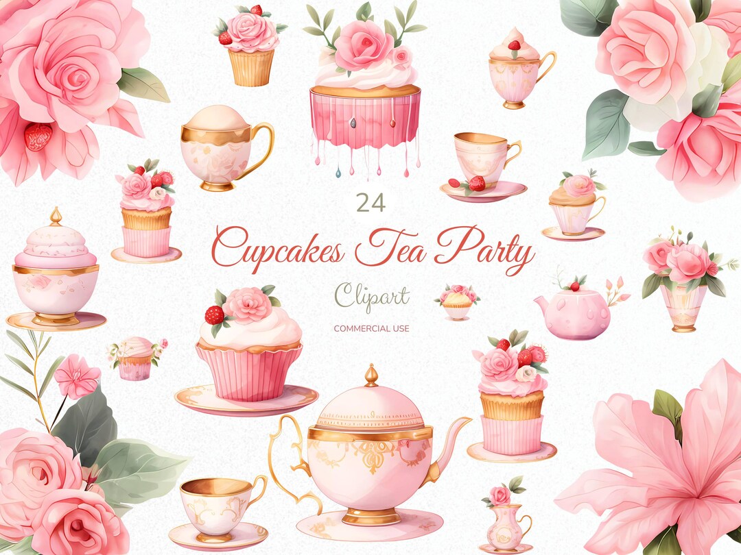 Watercolor Cupcake Tea Party Clipart: Rose Tea PNG (digital Download ...
