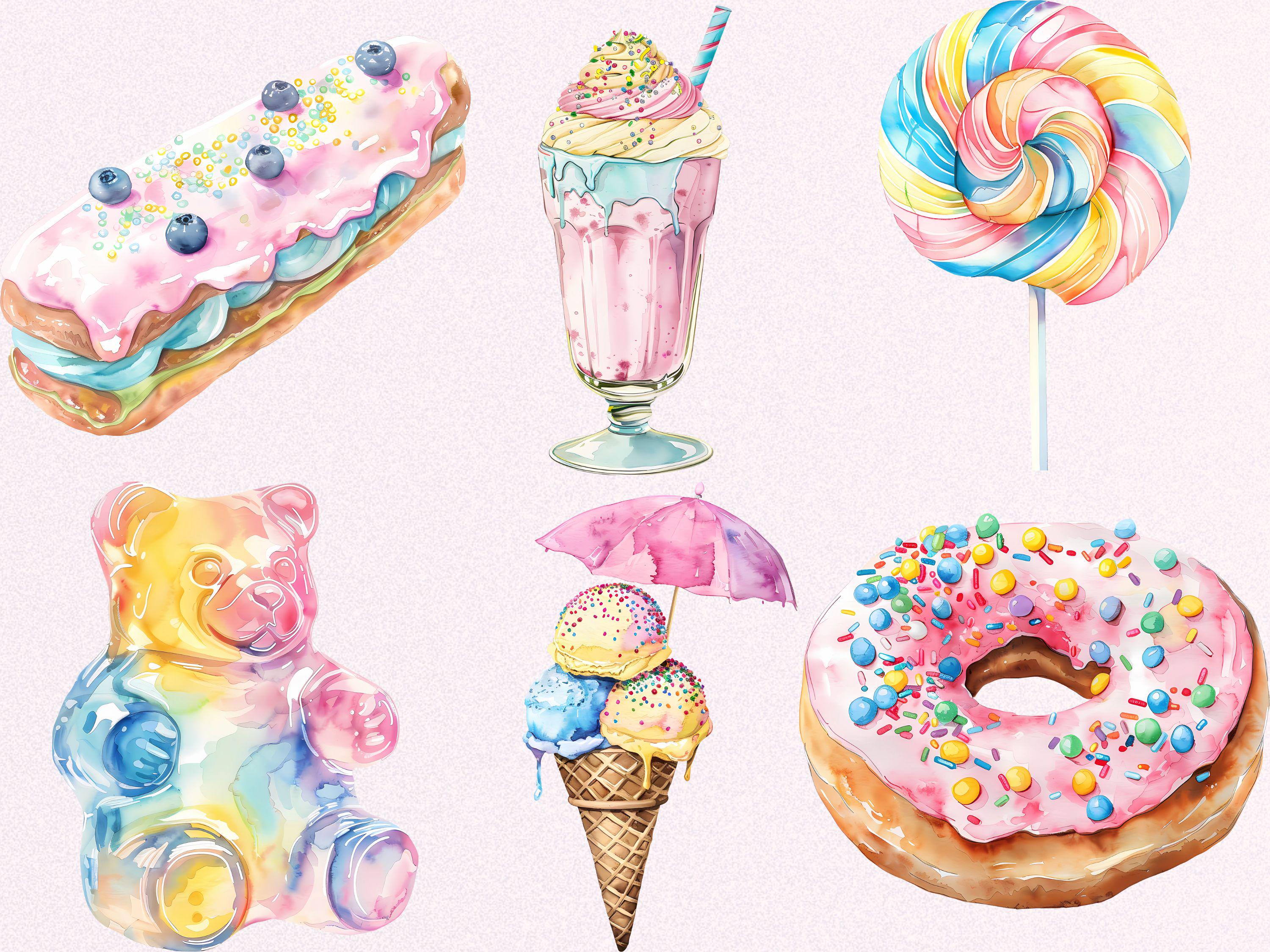 Watercolor Sweet Treats Clipart: Pastel Bakery PNG Set (digital ...