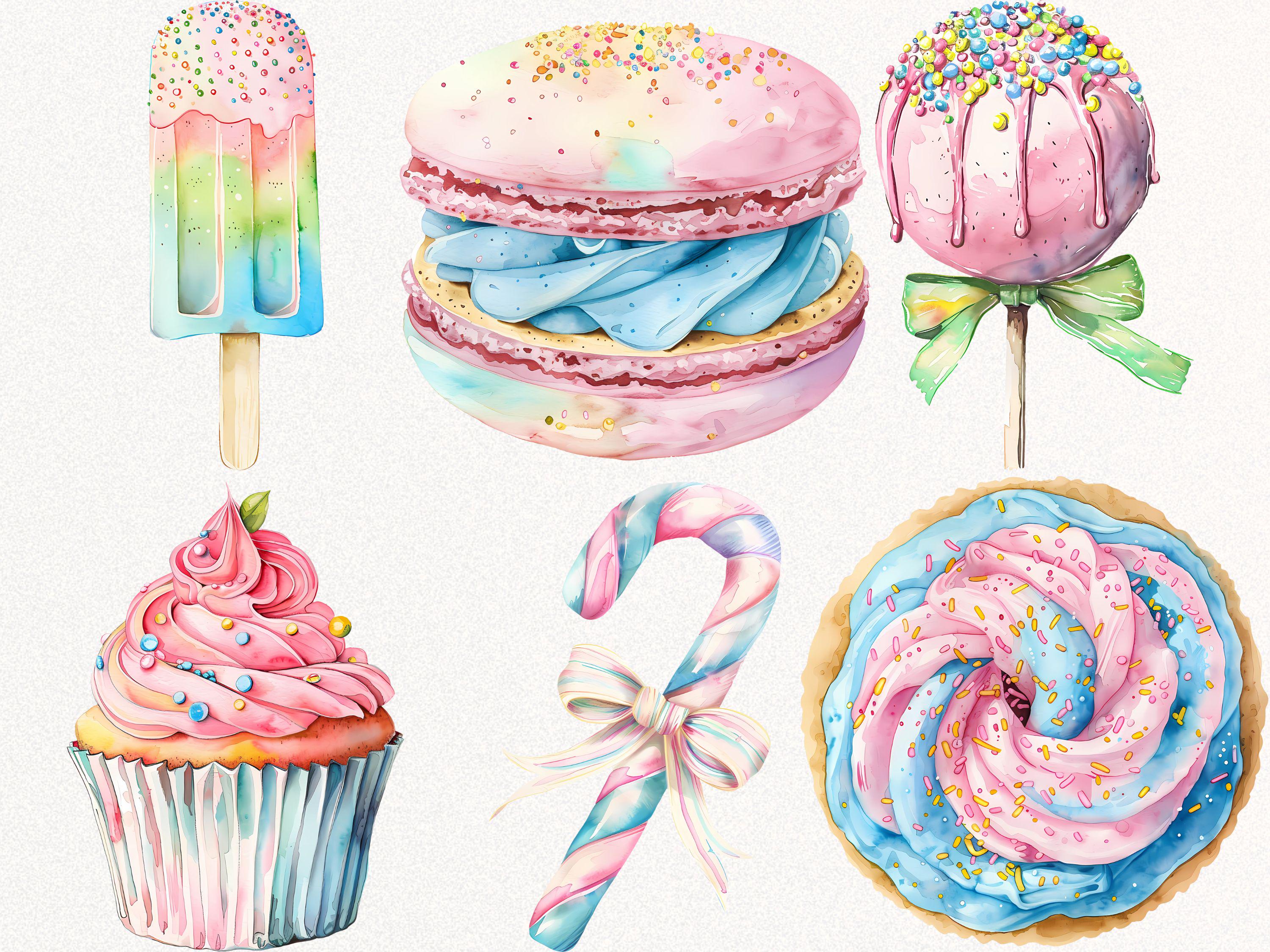 Watercolor Sweet Treats Clipart: Pastel Bakery PNG Set (digital ...