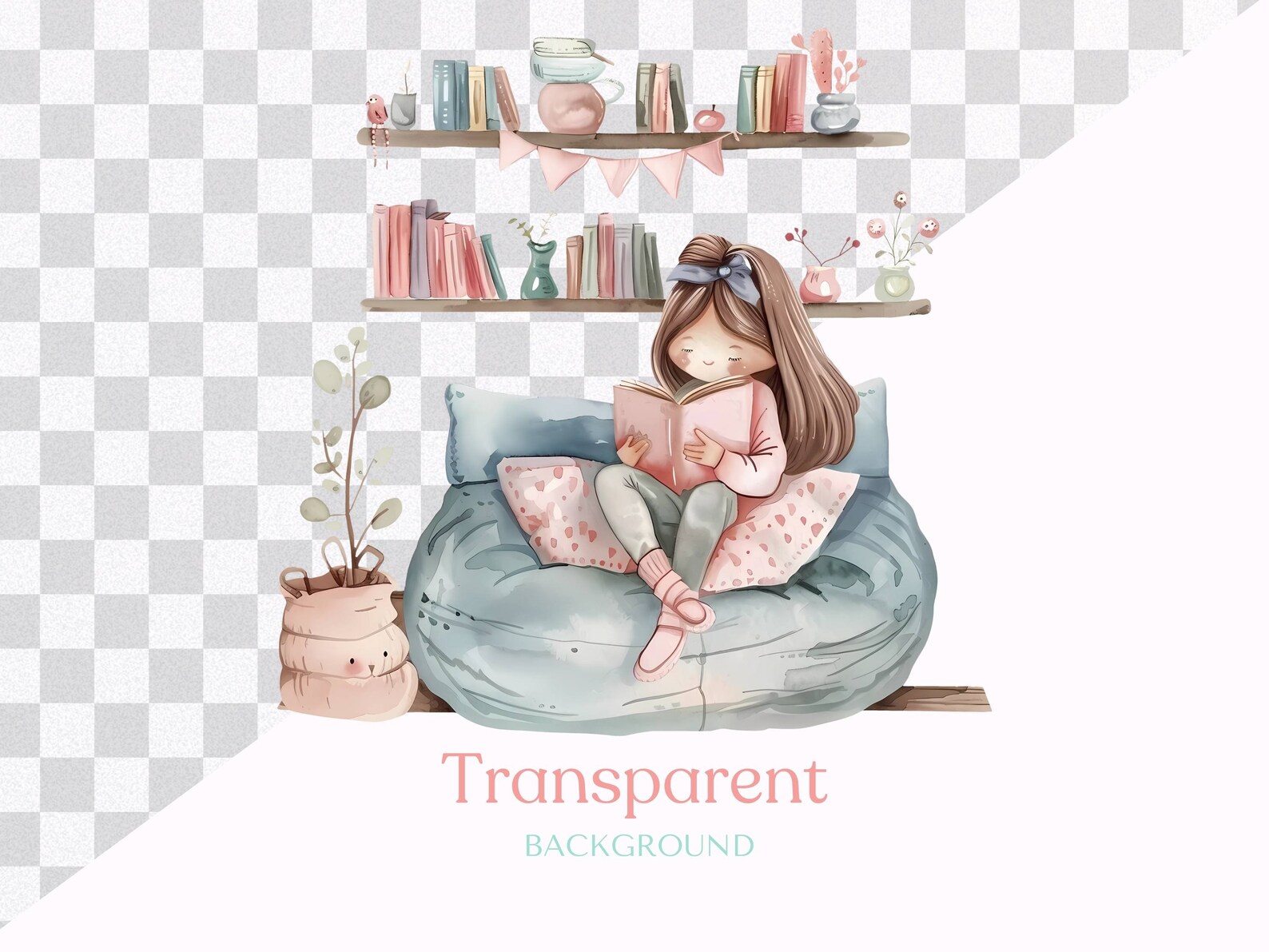 Bookworm Clipart, Girl Reading Book Clipart, Bookworm PNG, Watercolor ...