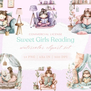 Bookworm Clipart, Girl Reading Book Clipart, Bookworm PNG, Watercolor ...