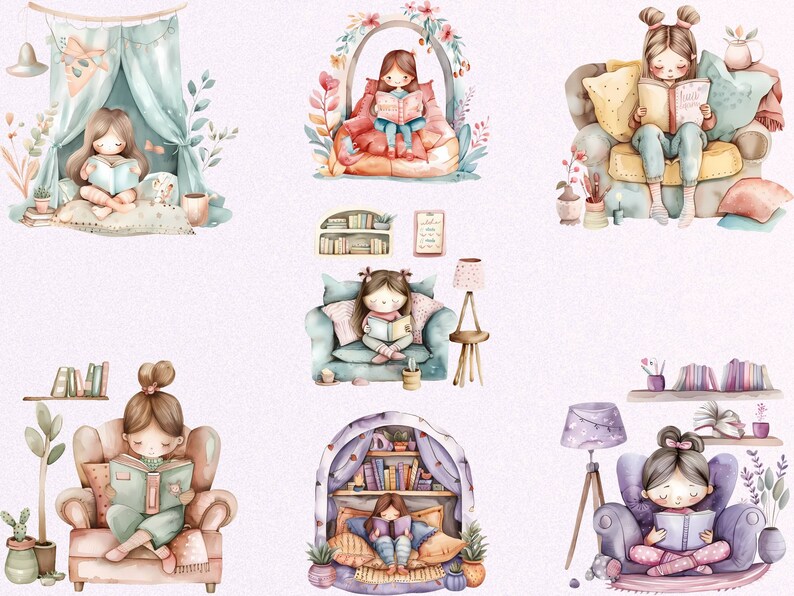 Bookworm Clipart, Girl Reading Book Clipart, Bookworm PNG, Watercolor ...