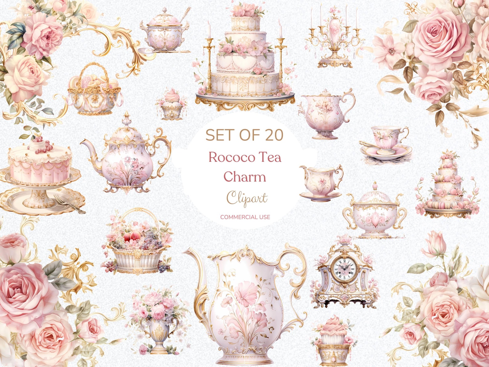 Rococo Tea Party Clipart: Pink & Gold French Palace PNG (digital ...