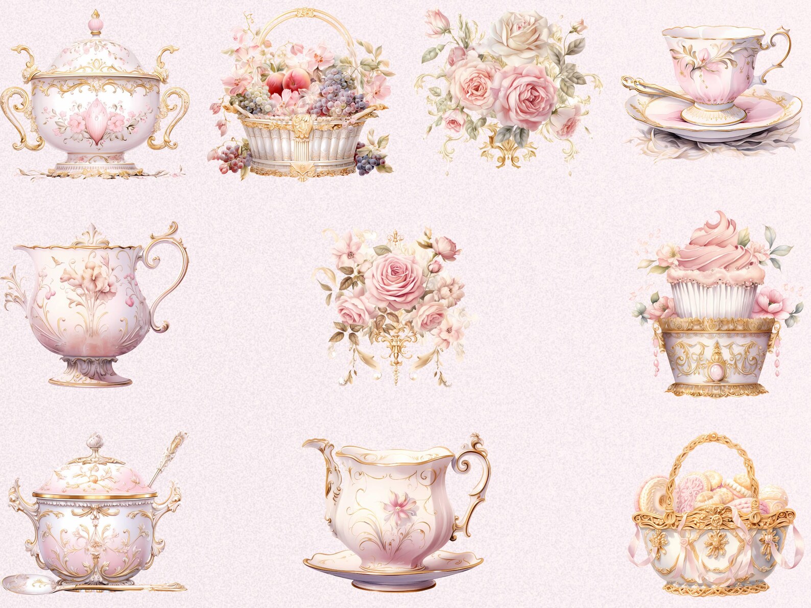 Rococo Tea Party Clipart: Pink & Gold French Palace PNG (digital ...
