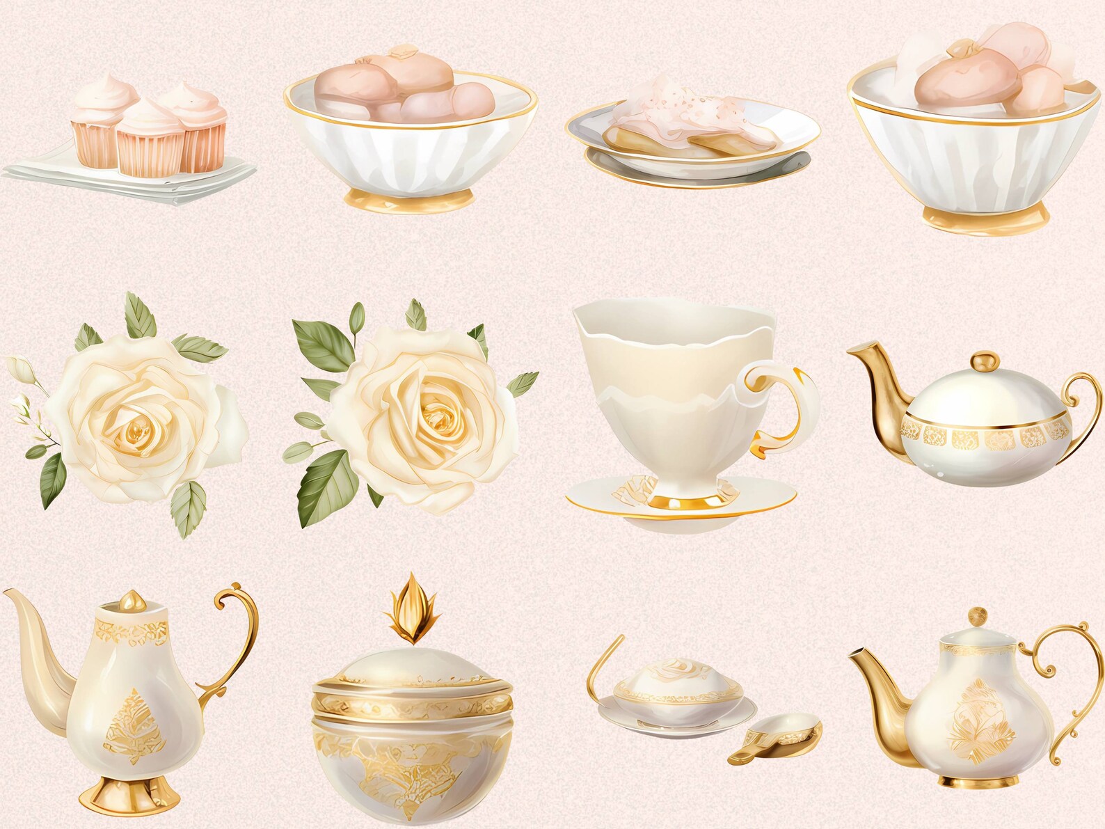 White Roses Tea Party Clipart Tea Party PNG White and Gold Roses Tea ...