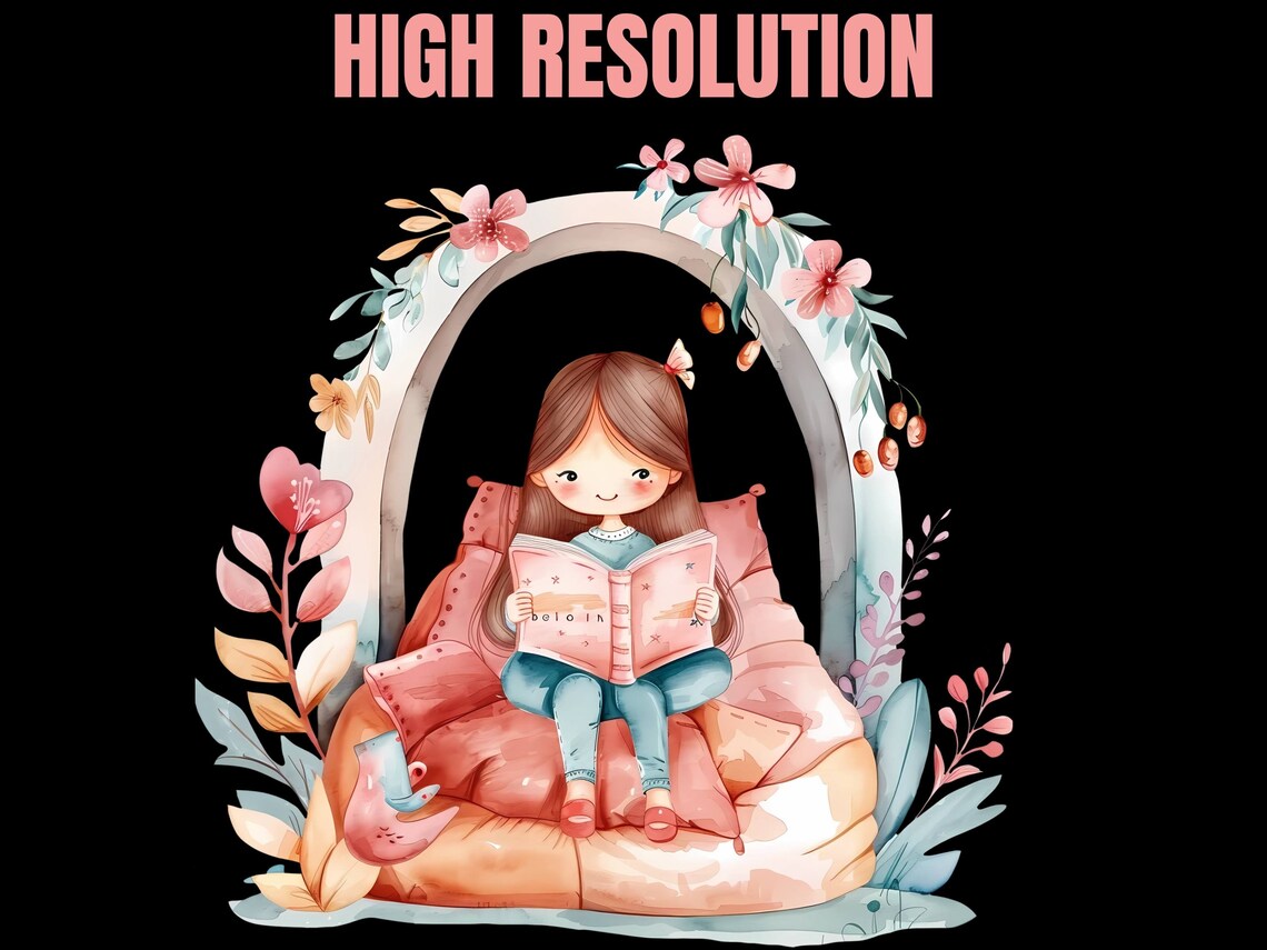 Bookworm Clipart, Girl Reading Book Clipart, Bookworm PNG, Watercolor ...