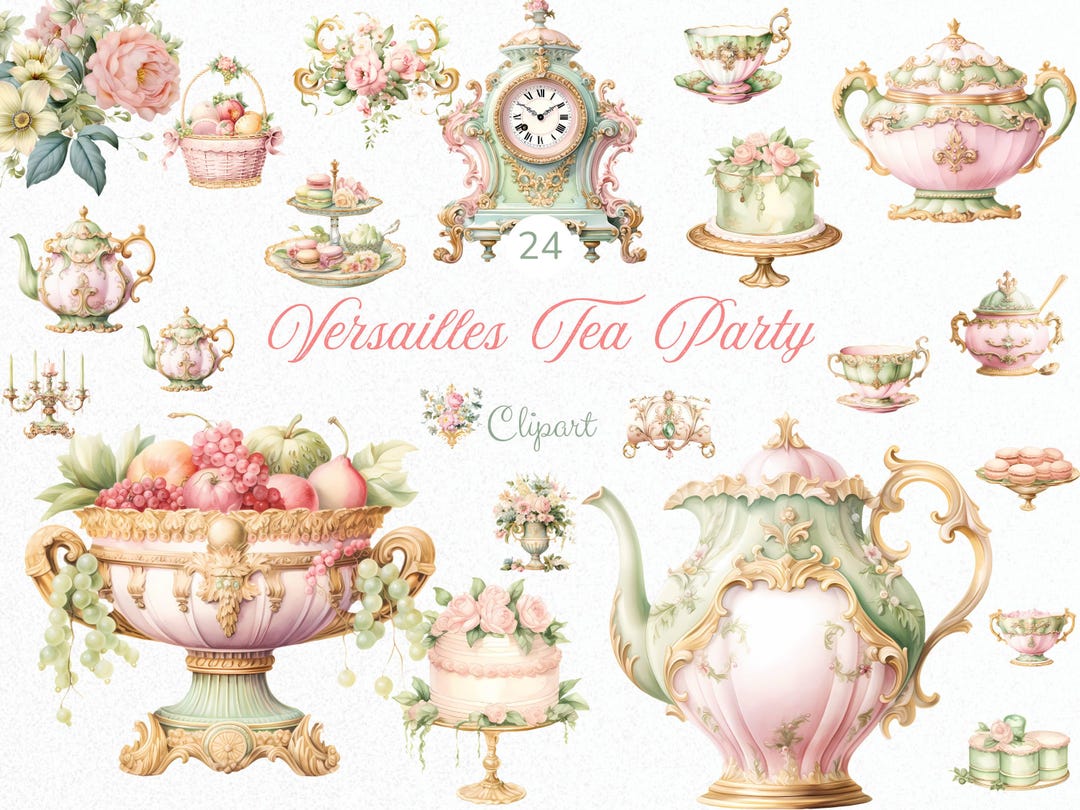 Watercolor Rococo Tea Party Clipart: Versailles Cake & Teacups (PNG ...