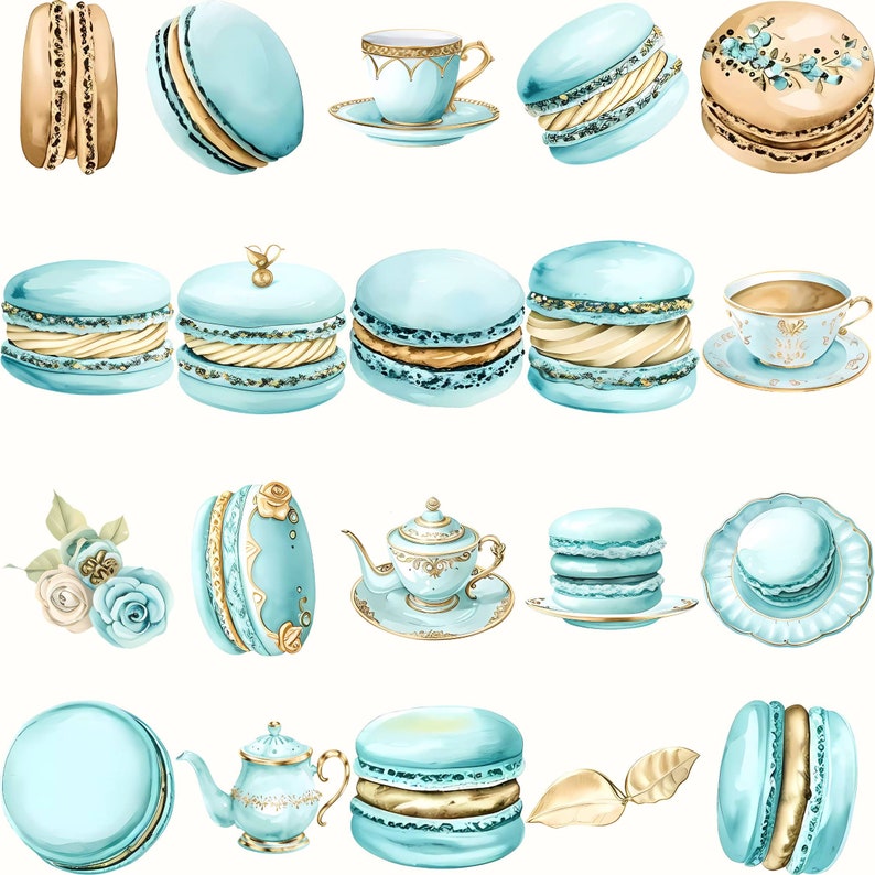 Macaron Tea Party Clipart, Blue Gold Tea PNG, Blue Macaron ...