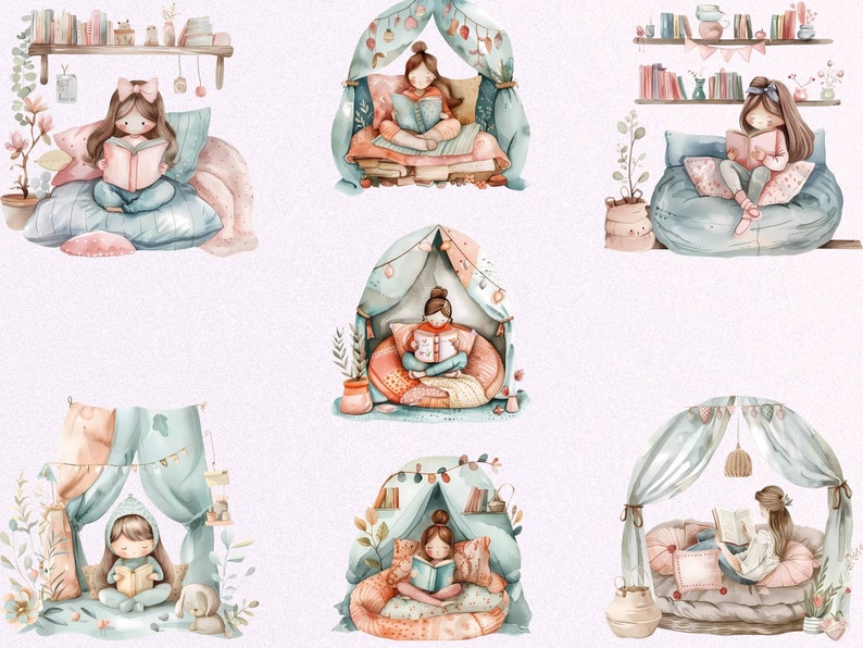 Bookworm Clipart, Girl Reading Book Clipart, Bookworm PNG, Watercolor ...