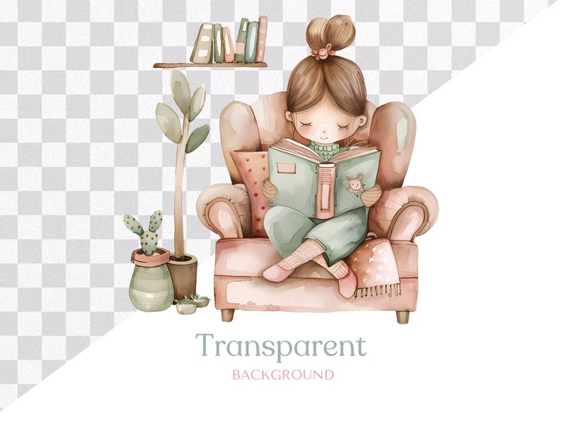 Watercolor Girl Reading Clipart: Bookworm PNG (digital Download) - Etsy