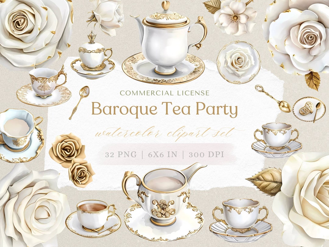 Tea Party Clipart Watercolor Tea PNG White Roses Tea Time Clip Art Tea ...