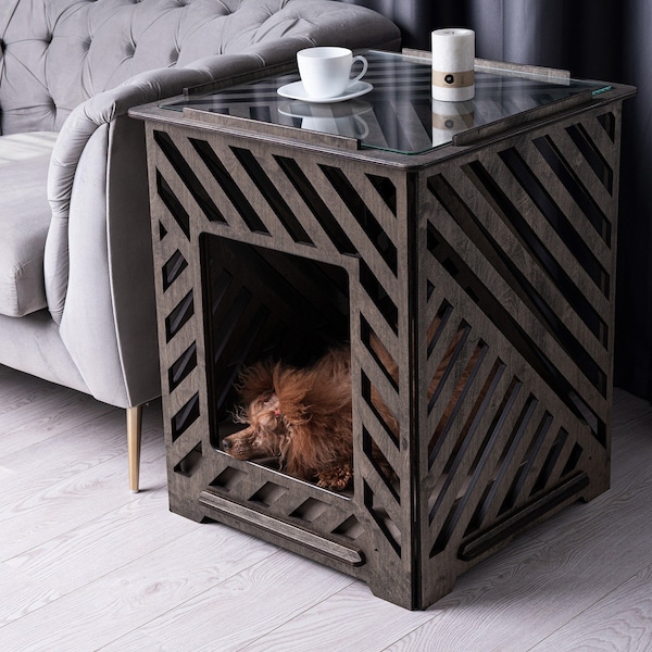 Wooden Dog Cat Pet House Indoor, Dog Side Table House, Puppy Home ...