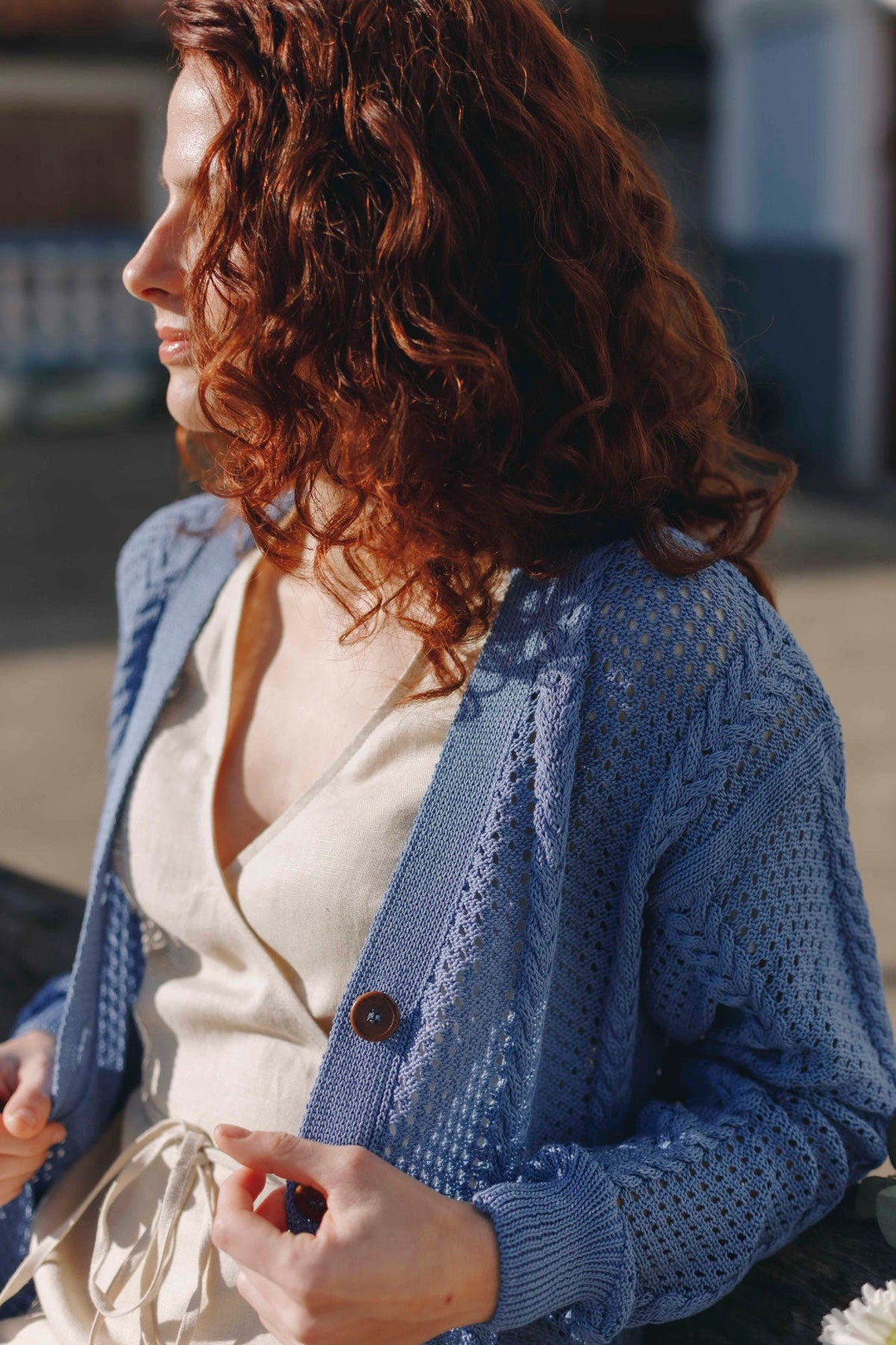 Women's Knit Jacket, Openwork Knit Jacket, Blue Organic Cotton Cardigan ...