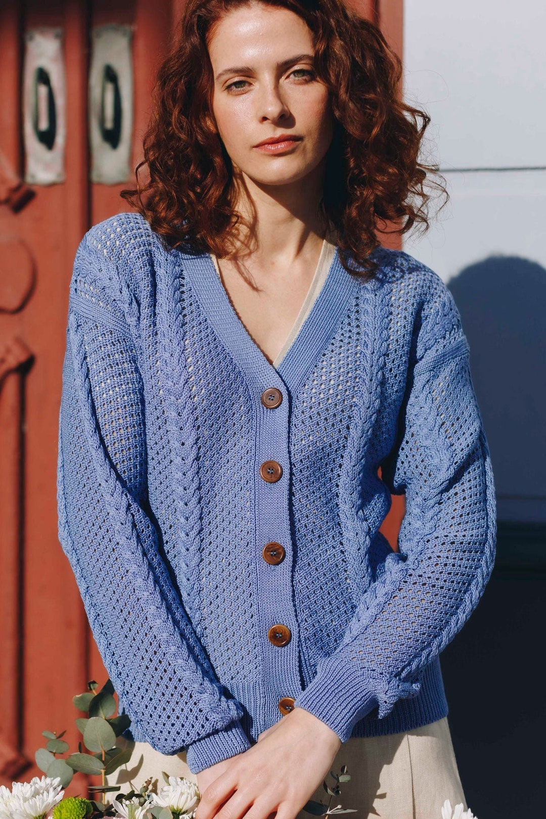 Women's Knit Jacket, Openwork Knit Jacket, Blue Organic Cotton Cardigan ...
