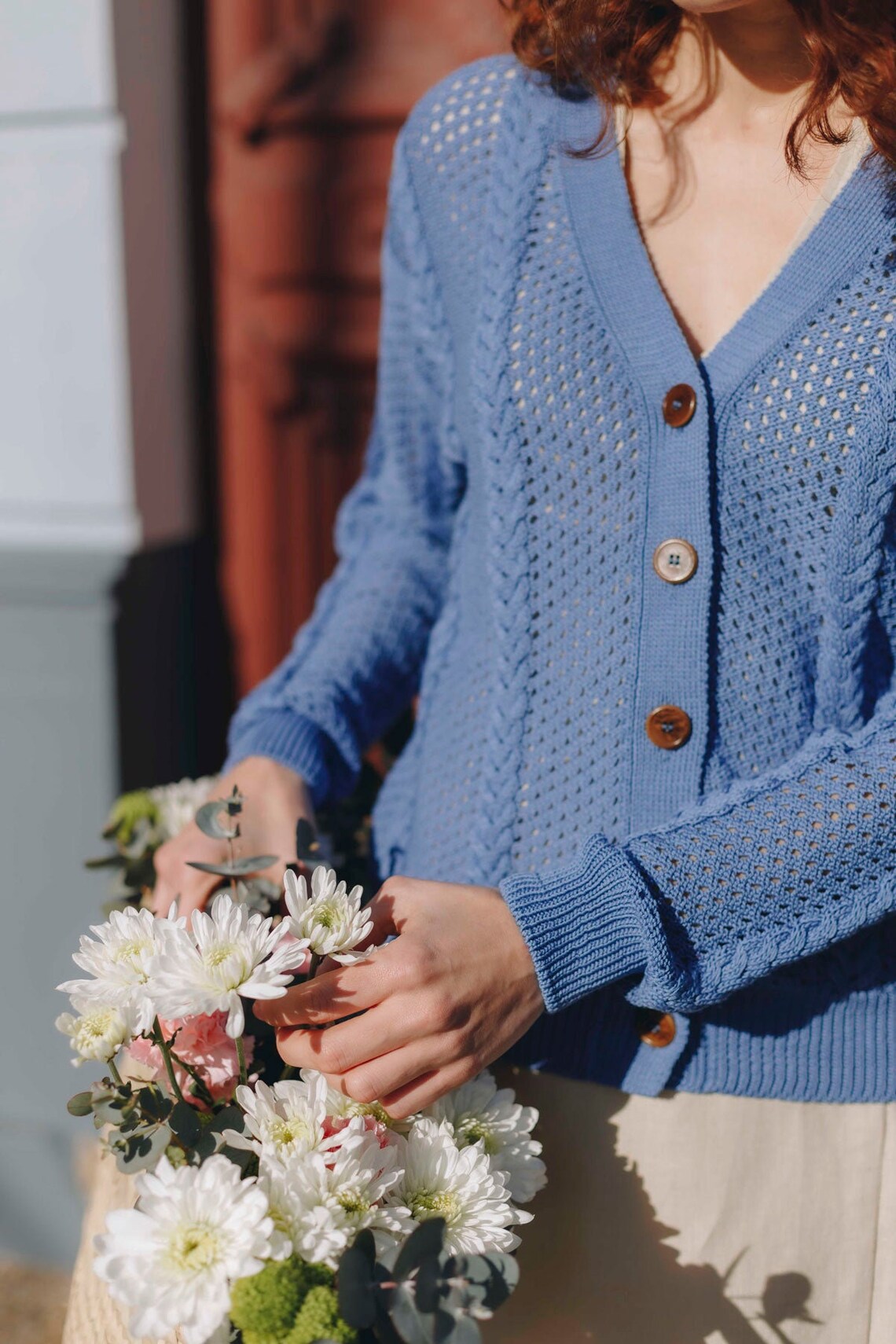 Women's Knit Jacket, Openwork Knit Jacket, Blue Organic Cotton Cardigan ...