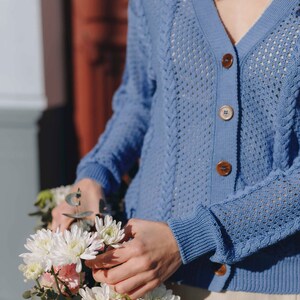 Women's Knit Jacket, Openwork Knit Jacket, Blue Organic Cotton Cardigan ...