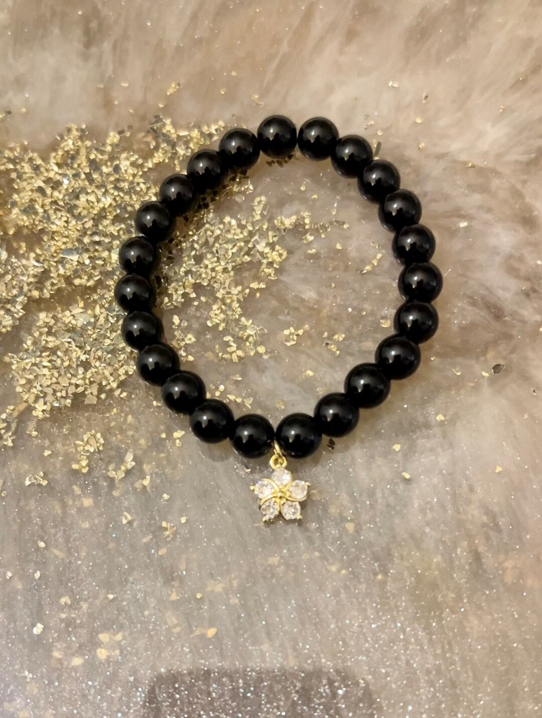 Obsidian Gemstone Bracelet With Gold CZ Diamond Pendant B5 - Etsy