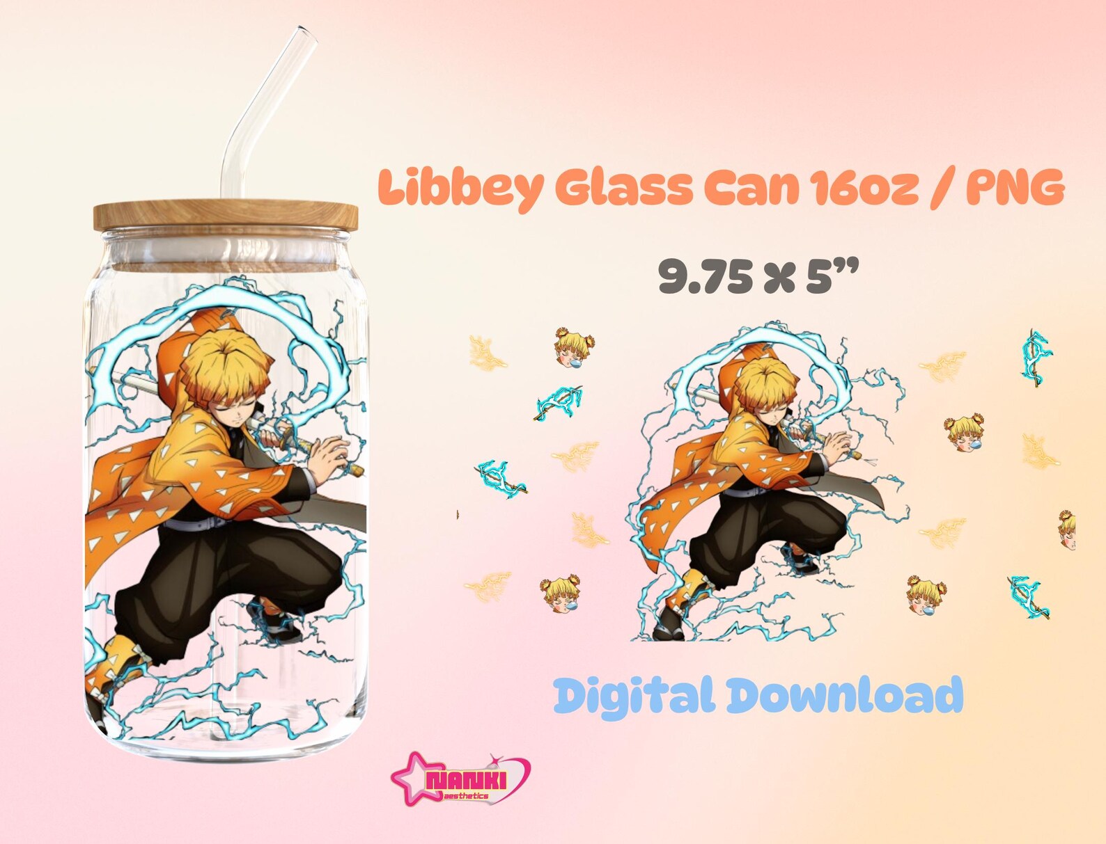 16oz Demon Slayer Zenitsu Cup Wrap PNG - Digital File for 16oz UV DTF ...