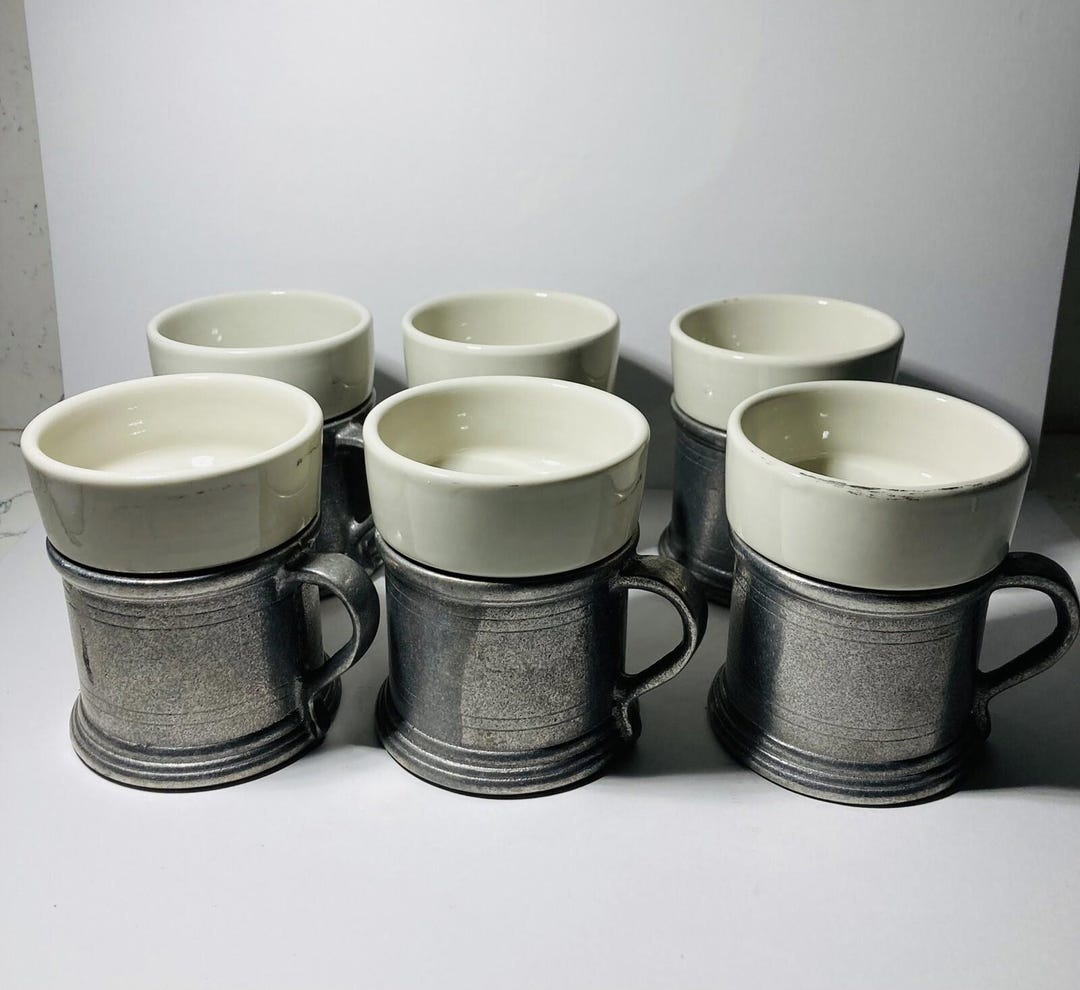 6 Vintage Carson Freeport Pewter Tavern Mugs With Removal Ceramic ...