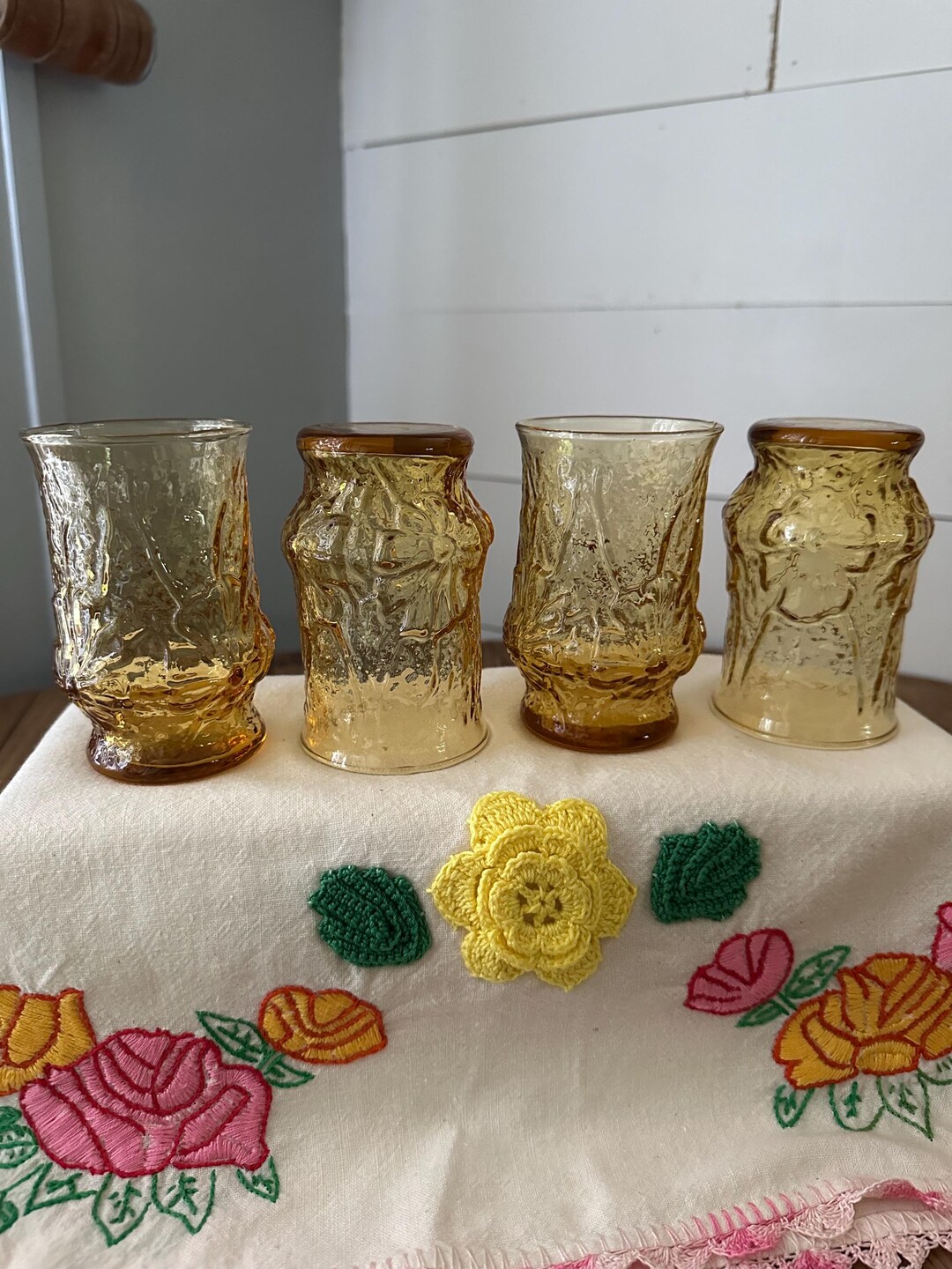 Vintage Set of 4 Libby Amber Flower Juice Glasses - Etsy