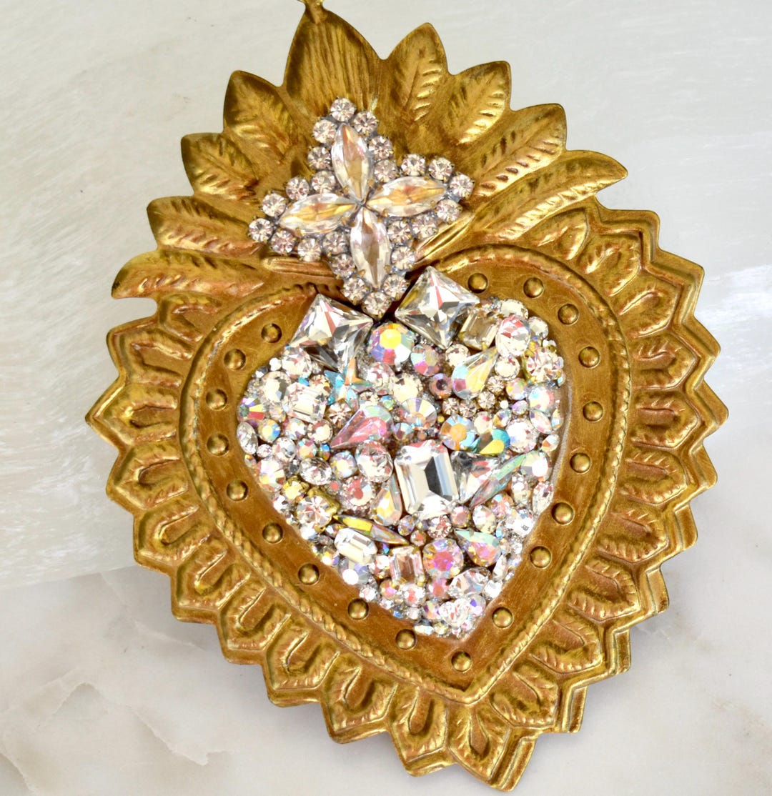 Gold Sacred Heart Wall Decor, Catholic Flaming Heart With Rhinestones ...