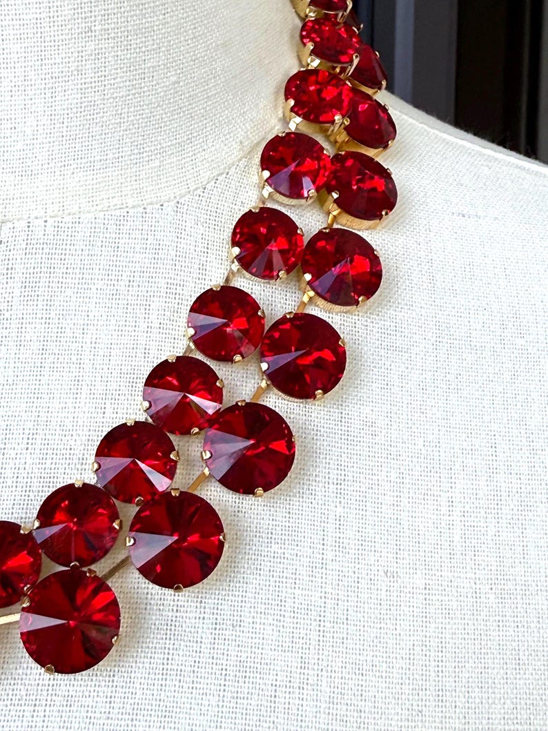 Ruby Red Crystal Tennis Necklace, Gold Tone, Adjustable - Etsy