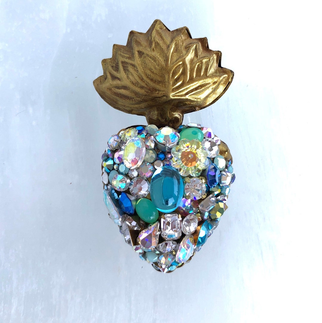Sacred Flaming Milagro Heart, Catholic Jeweled, Embellished Reliquary ...