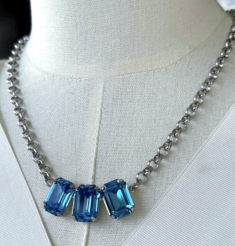 Blue Swarovski Crystal Necklace, Emerald & Cushion Cut, Silver Tone - Etsy