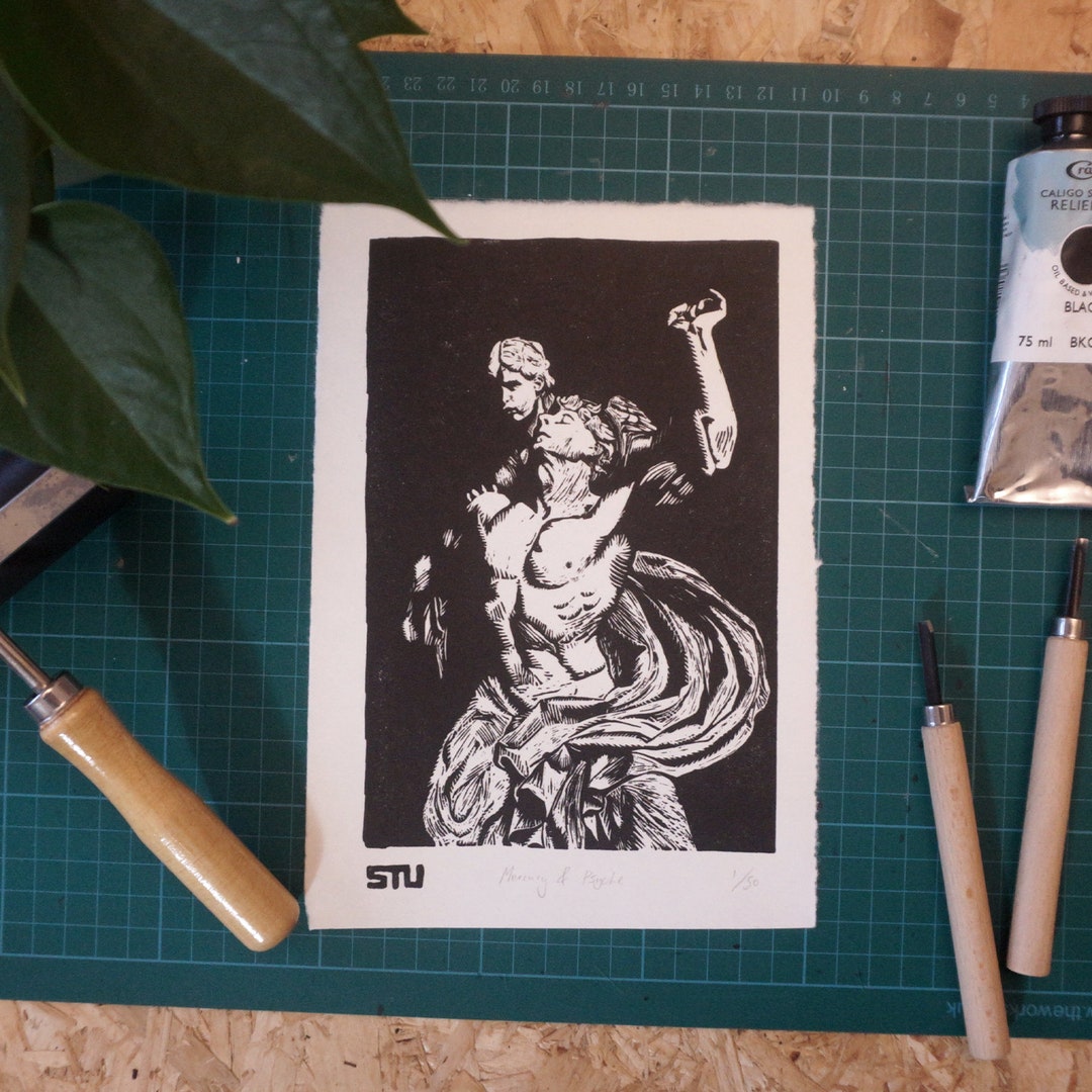 Mercury & Psyche - Statue Lino Print - Etsy