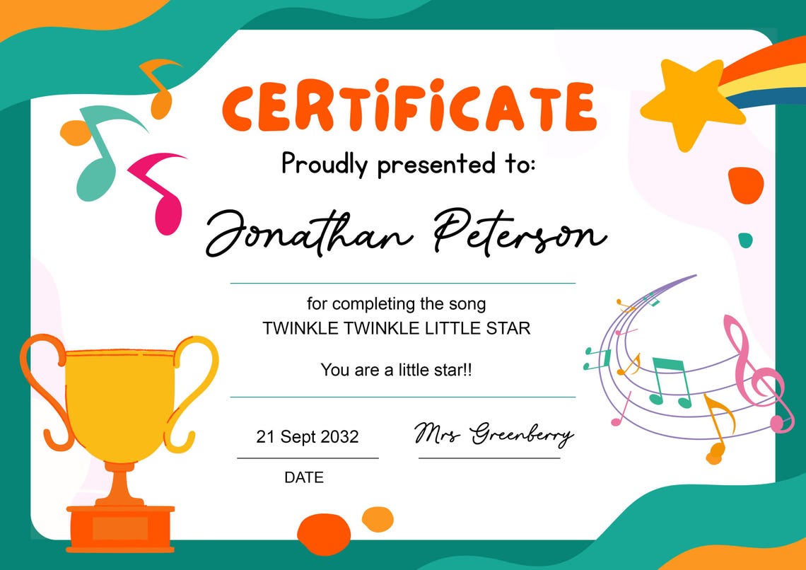 Kids Fully Editable Music Certificate - Etsy