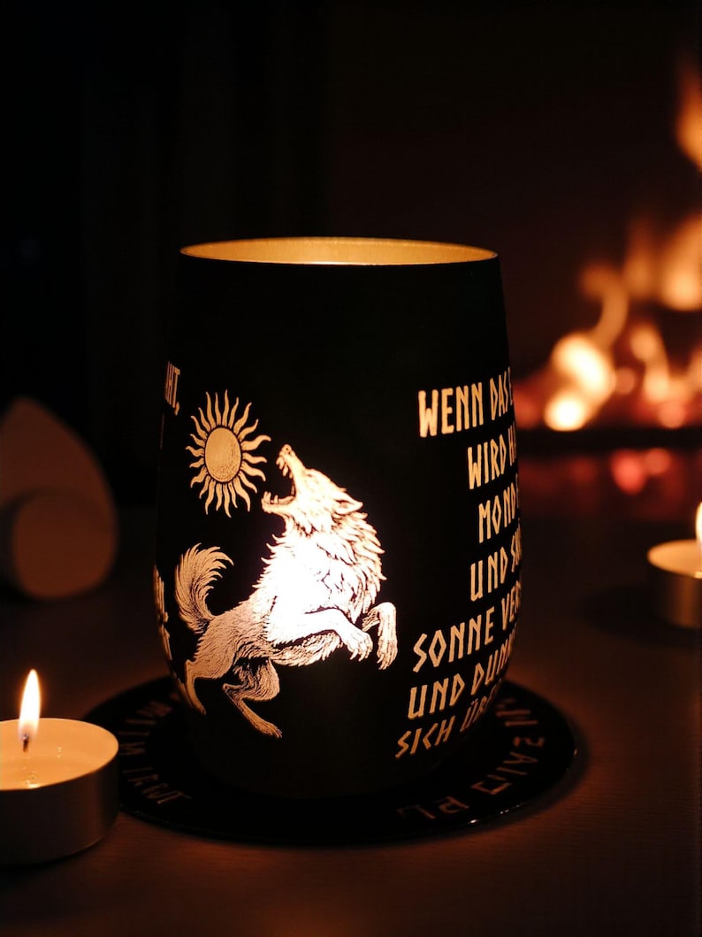 Wikinger Deko, Windlicht Hati & Sköll, hochwertiges Kristallglas ...