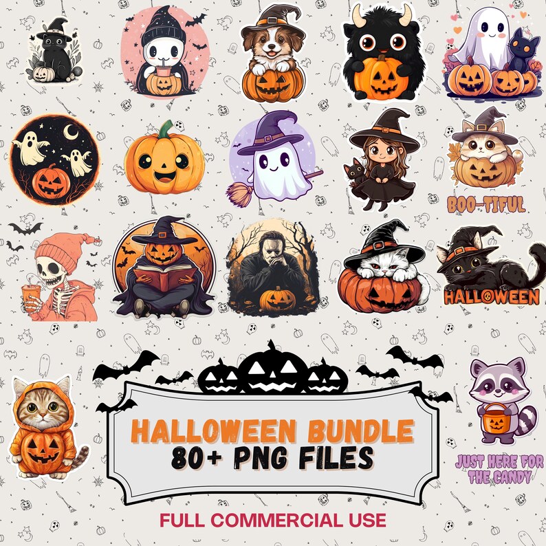 80+ Halloween PNG Bundle, Retro Halloween Designs, Spooky Season Ghosts ...