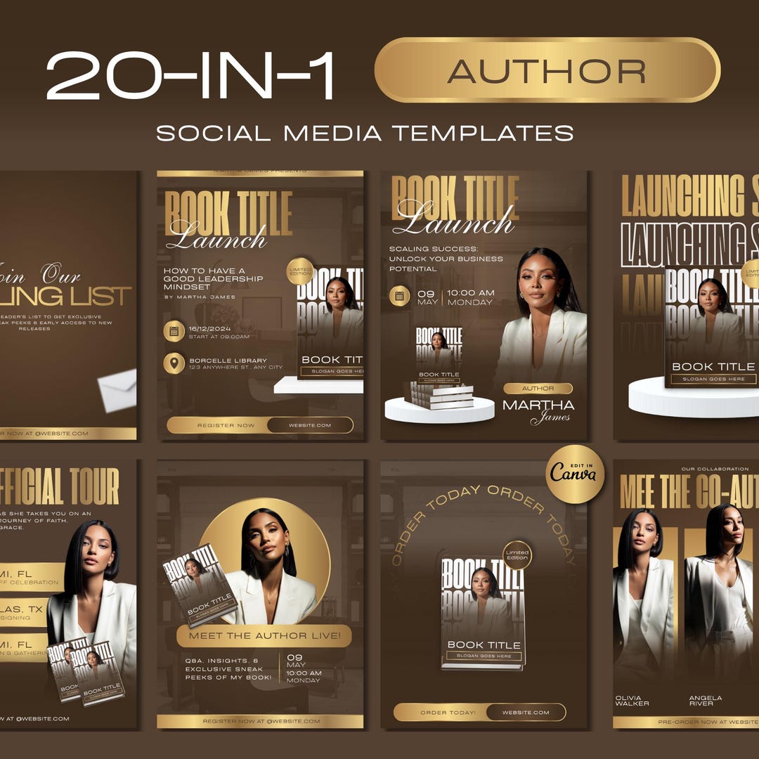 Author Templates Social Media, Deep Brown & Gold, 20-in-1 Book Launch ...